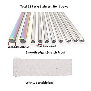 Stainless Steel Straws 10 Pieces Variety 8.5inch Reusable Drinking Straws with Wide Rainbow Smoothie Straw for 20oz Tumblers（6 Straight 4 Bent 2 Brushes)
