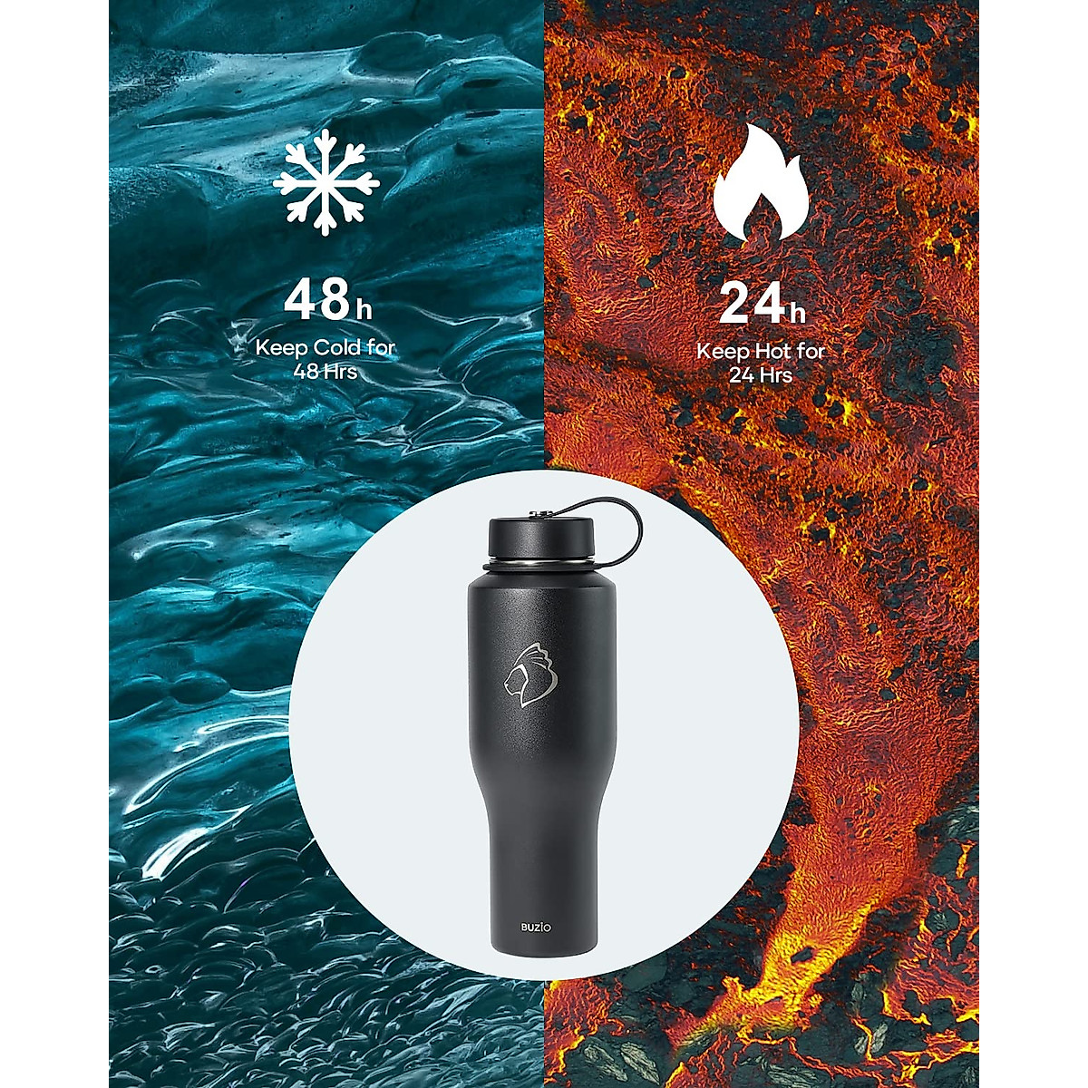 BUZIO 40 oz Insulated Water Bottle with 40 oz Insulated Tumbler Travel Flask Metal Canteen, Keep Cold for 48 Hrs, Hot for 24 Hrs