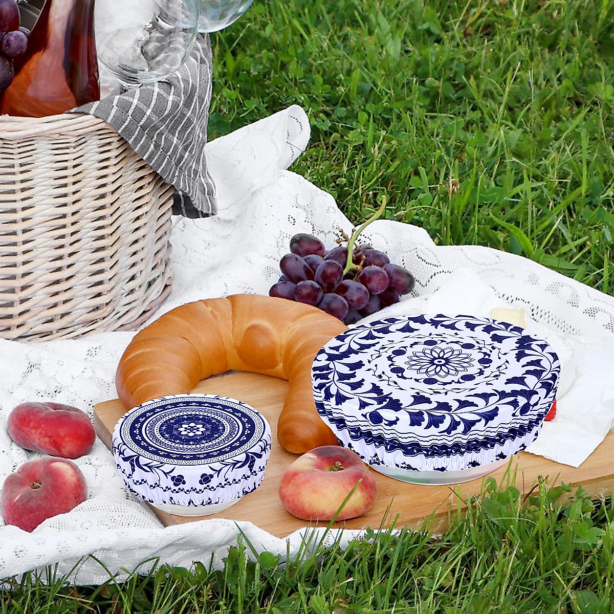 5 Pieces Bowl Covers Reusable, 5 Size Stretch Cloth Bowl Covers for Bread Proofing Cotton Fabric Elastic Bowl Covers Reusable Food Covers Washable for Food Fruits Leftover (Blue)