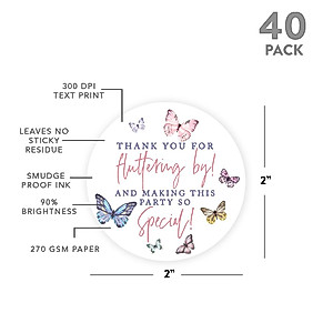Andaz Press Kids Party Favor Thank You Stickers, Thank You for Fluttering by 80-Pack 2-Inch Round Butterfly Birthday Sticker Labels for Baby Shower 1st Birthday Party Favors, Gift Bags, Girls
