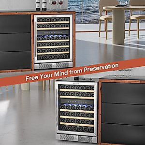 Empava Refrigerator 24 inch Double Zone Fridge for 46 Bottles Built in or Freestanding Compressor Chiller Stainless Steel Glass Door for Home, Office Bar Wine Cooler with Wood Shelves, Silver