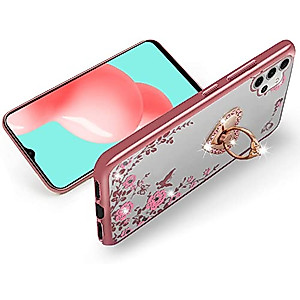 for Samsung Galaxy A32 5G Phone Case, Glitter Crystal Butterfly Heart Floral Slim TPU Luxury Bling Diamond Rhinestone Cute for Girls Women Case with Ring Stand+Strap for Galaxy A32 5G-Rose Gold