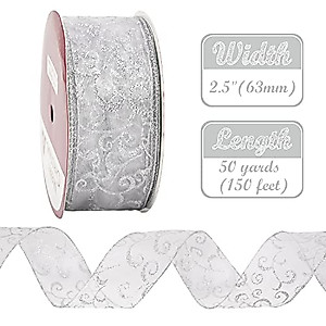 AIMUDI Silver Sheer Organza Christmas Ribbon, 2.5 Inch x 50 Yards, Swirl Pattern, Wired Edge, Perfect for Wreaths, Trees, Gifts, Weddings