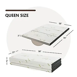 Giantex Folding Mattress Queen, 3” Tri-fold Memory Foam Mattress, Foldable Mattress Topper w/Soft Bamboo Cover, Portable Mattress w/Carrying Bag for RV Camping Guest Bed, CertiPUR-US Certified (Queen)