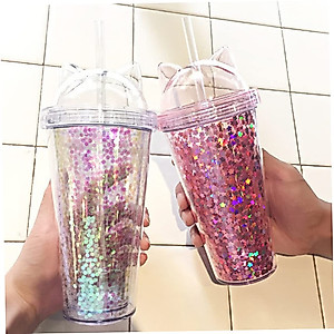AEIOFU Water Bottle Plastic Cup with Straw, Sequins Double Layer Water Bottle with Cat Ears Glitter Water Cup for Girls Pink