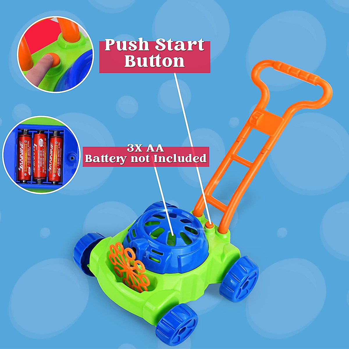 Sloosh Bubble Lawn Mower Machine for Kids，Automatic Bubble Mower with Bubble Solutions, Push Toys for Toddler, Baby Activity Walker for Outdoor, Bubble Maker for Party in Summer Birthday Gift