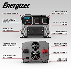 Energizer 3000 Watts Power Inverter Modified Sine Wave Car Inverter, 12V to 110 Volts, Two AC Outlets, Two USB Ports (2.4 Amp) Hardwire Kit, Battery Cables Included – ETL Approved Under UL STD 458