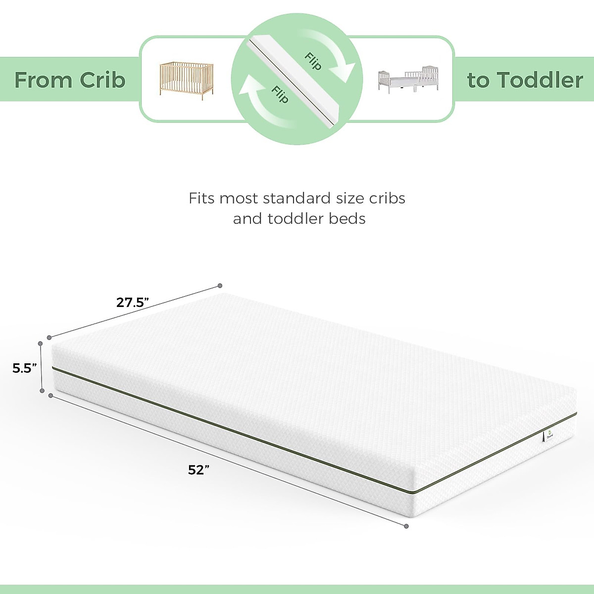 Dourxi Crib Mattress, Dual-Sided Comfort Baby and Toddler Mattress with Cool Gel Memory Foam and Removable Cover, Fits Standard Size Cribs and Toddler Bed, 52x27.5x5.5 inches
