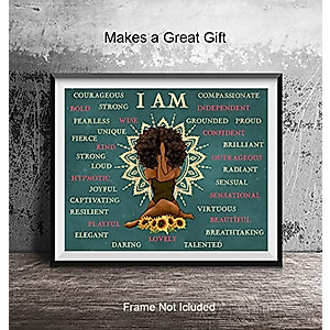 African American Black women Wall Art & Decor -Motivational Inspirational Wall Decor - I Am Positive Affirmations Poster - Zen Meditation New Age Home Decor - Encouragement Gifts - Positive Quotes