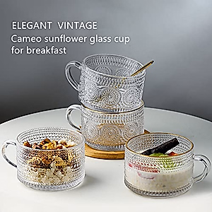 LUECMO Vintage Coffee Tea Cups [2 Pack], 14 oz Glass Tea Coffee Mugs, Clear Embossed Glass Cups for Cappuccino, Latte,Cereal, Yogurt, Beverage (Transparent)