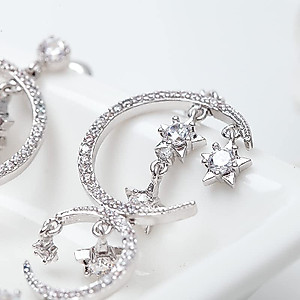 14K Gold Moissanite Moon Star Long Drop Earrings,Dainty Moon and Star Style Long Dangle Earrings,Fashion Jewelry Gift for Her (Style 2, 14K Gold)