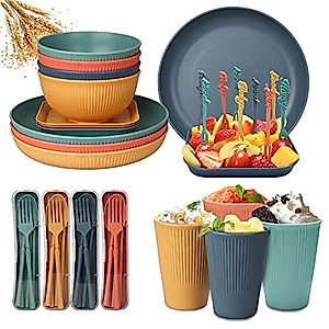48 Pcs Wheat Straw Dinnerware Sets, Unbreakable Plates and Bowls Sets, Reusable Dinnerware Sets for 4 People, Travel Camping Picnic Home Party Cutlery Set, Dishwasher Microwave Safe Dishes