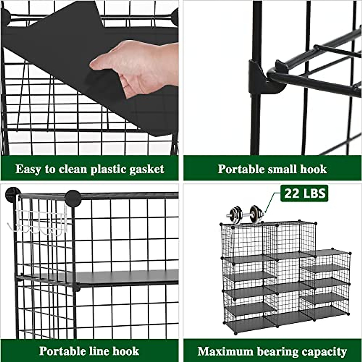 C&AHOME Wire Cube Storage Unit, Interlocking Metal Wire Organizer with Divider Design, Modular Cabinet with Plastic Panels, Bookshelf Stackable Closet Organizer with Small Hooks, Black UWCSIM08B