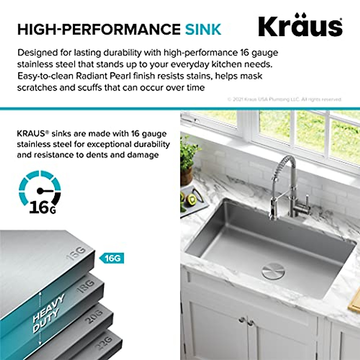 Kraus KCL-1700 Dex 16 Gauge Stainless Steel Single Bowl Sink with Spot Free 18-Inch Commercial Kitchen Faucet with Dual Function Pull-Down Sprayhead in All-Brite