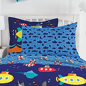 dream FACTORY Kids 5-Piece Complete Set Easy-Wash Super Soft Microfiber Comforter Bedding, Twin, Navy Submarine