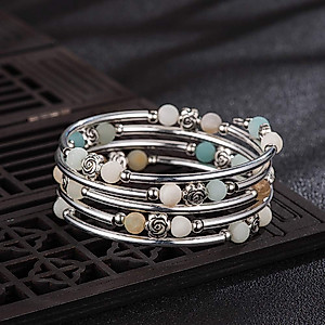 BULINLIN Wrap Bangle Rose Bead Bracelet - Beaded Bracelet with Natural Agate Stone Gifts For Women(01-Amazon Green)