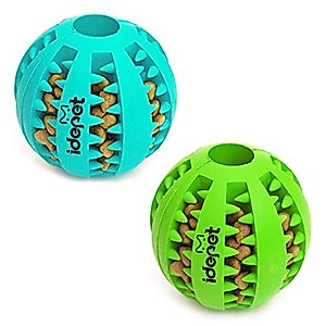 Idepet Dog Toy Ball, Nontoxic Bite Resistant Toy Ball for Pet Dogs Puppy Cat, Dog Pet Food Treat Feeder Chew Tooth Cleaning Ball Exercise Game IQ Training Ball(2 Pack-Blue&Green)