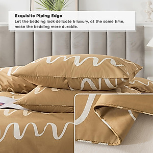 Lemfux 100% Cotton Geometric Pattern Light Brown Duvet Cover Set, Curve Print Modern Abstract Soft Comforter Cover Set with Metal Zippers, Luxury Neutral Designer Bedding Set, Full Size, 3Pcs