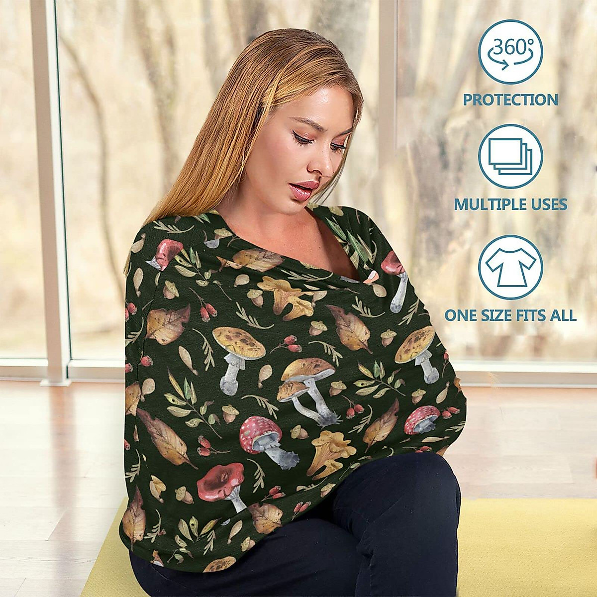 Nursing Cover Breastfeeding Scarf Mushroom Leaves on Black-for Baby Car Seat Covers, Stroller Cover, Carseat Canopy(228vb2b)