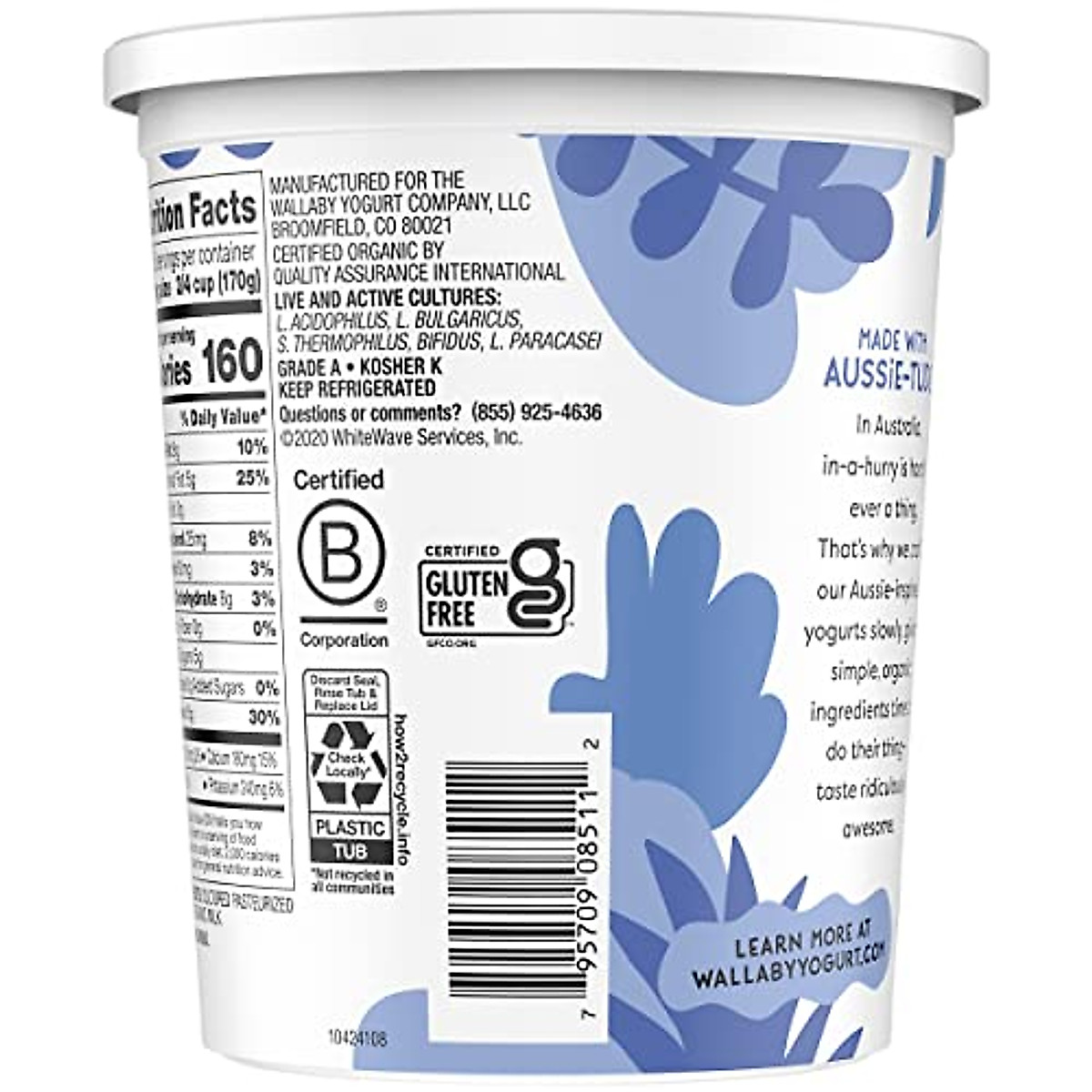 Wallaby Organic Aussie Greek Whole Milk Yogurt, Plain, 32 oz. USDA Organic