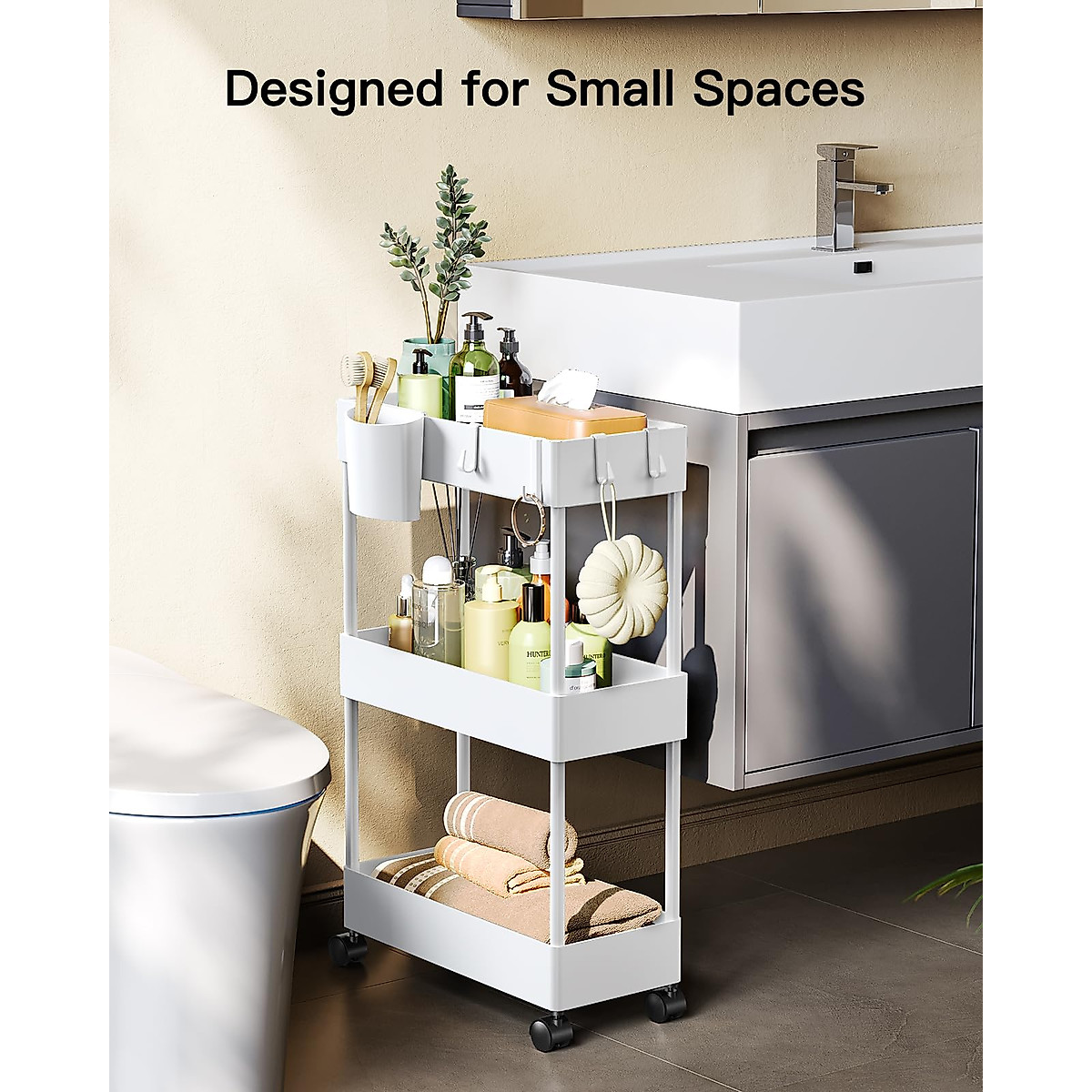 Pipishell Slim Storage Cart with Wheels, Bathroom Cart Organizer Small, Rolling Cart for Bathroom, Laundry Room, Kitchen, Narrow Space, White PIUC04W, 7.08/''D X 15.7/''W X 25.2/''H