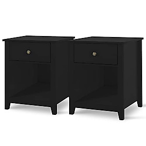 Vikiullf Black Nightstands with Drawer - Set of 2 Modern Bedroom Night Stands, Wood Bedside Tables with 1 Storage Drawer and Open Shelf, 23.8”H