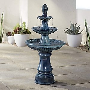 Modern Outdoor Cascading Floor Water Fountain with LED Light 3-Tier Teal Blue Ceramic 46" for Yard Garden Patio Backyard Deck Home Lawn Porch House Exterior Balcony - John Timberland