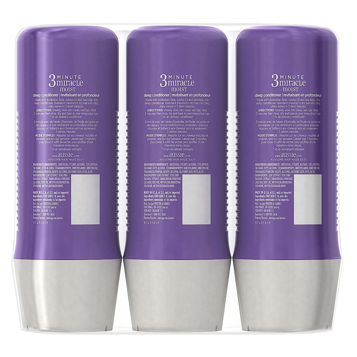 Aussie 3 Minute Miracle Moist Deep Conditioning Treatment, Detangler, 8 Fluid Ounces (Pack of 3) - Deep Conditioner