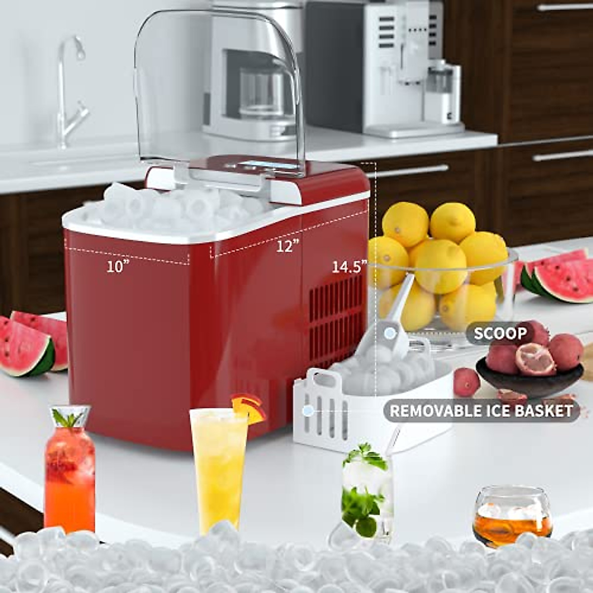 ARLIME Portable Ice Maker Machine, 26Lbs/24H Self-Cleaning Ice Maker, 9 Cubes S/L Ready in 6 Mins, Small Cube Maker with Scoop and Basket, for Home, Kitchen, Office, Bar, RV (Red)