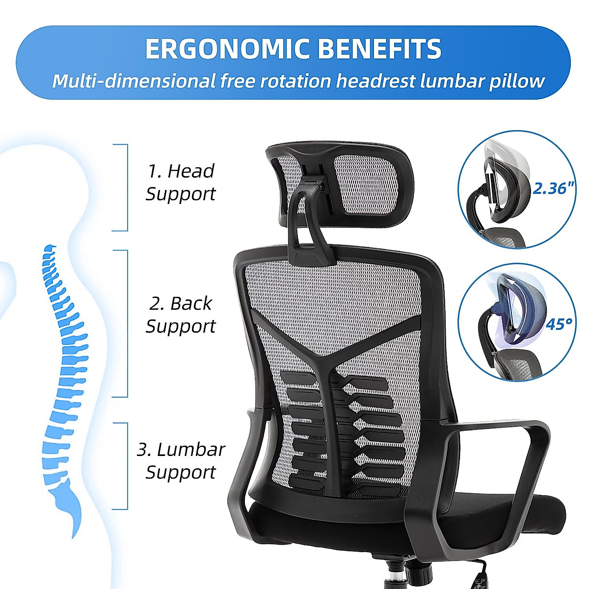 EnjoySeating Ergonomic Office Chair Heavy Duty 350 lbs, Breathable Mesh Desk Chair with 2D Headrest and Lumbar Support, Tilt Function, Swivel Task Chair for Home Work Black