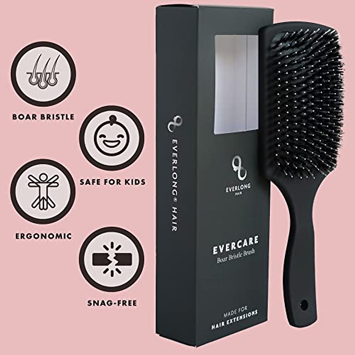 Boar Bristle Brush by Everlong Hair, Boar & Nylon Bristles Adds Shine & Promote Hair Growth, Scalp Massage & Detangling, Safe for All Hair Types Extensions & Wigs, Matte Black Coated Ergonomic Handle