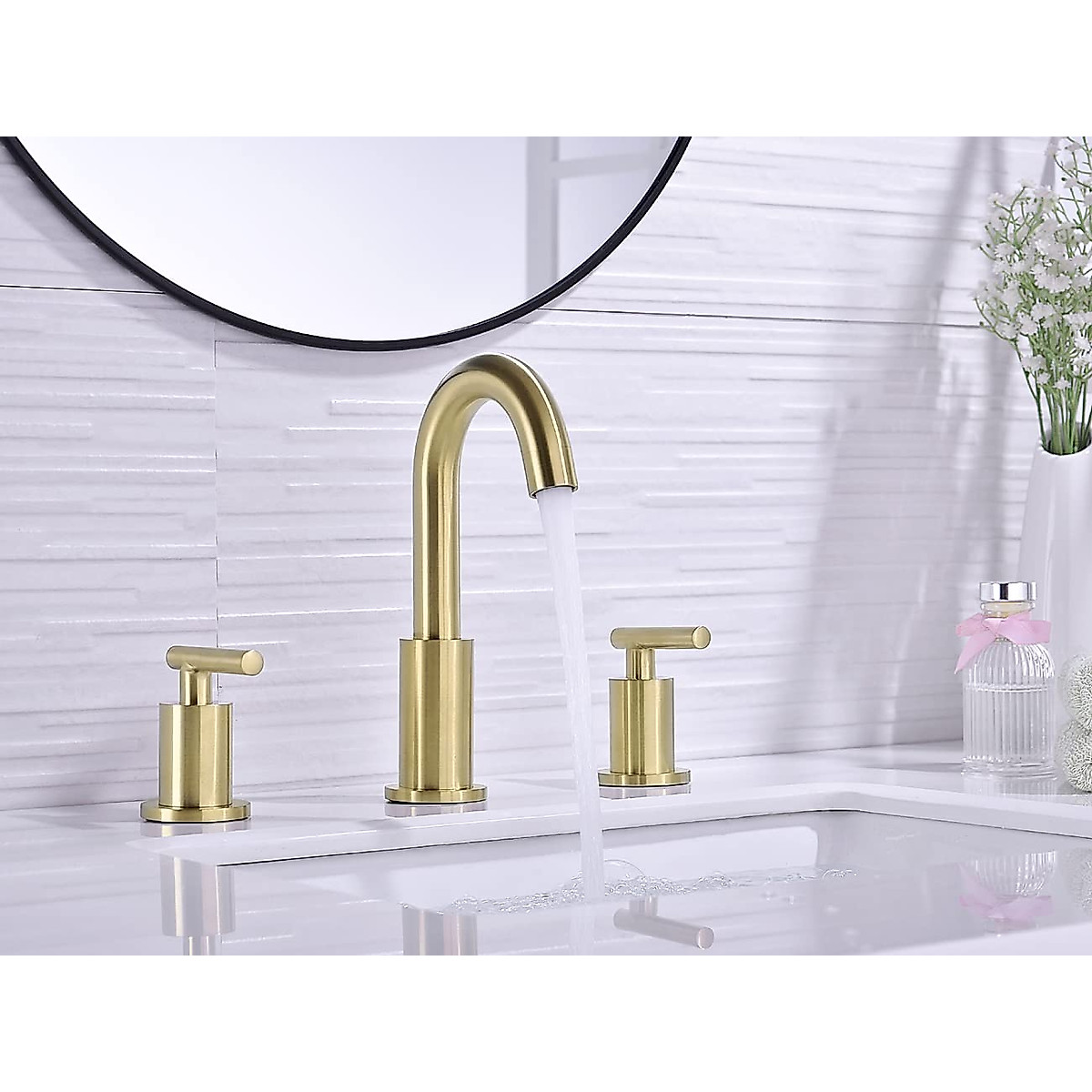 TRUSTMI 2 Handle 8 Inch Brass Bathroom Sink Faucet 3 Hole Widespread with Valve and cUPC Water Supply Hoses, with Overflow Pop Up Drain Assembly, Brushed Gold