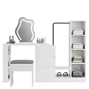 ARTETHYS Vanity Desk with Mirror and Lights White Makeup Desk with Storage Chair and Drawers Corner Vanity Table Set with Hanger and Storage Shelves