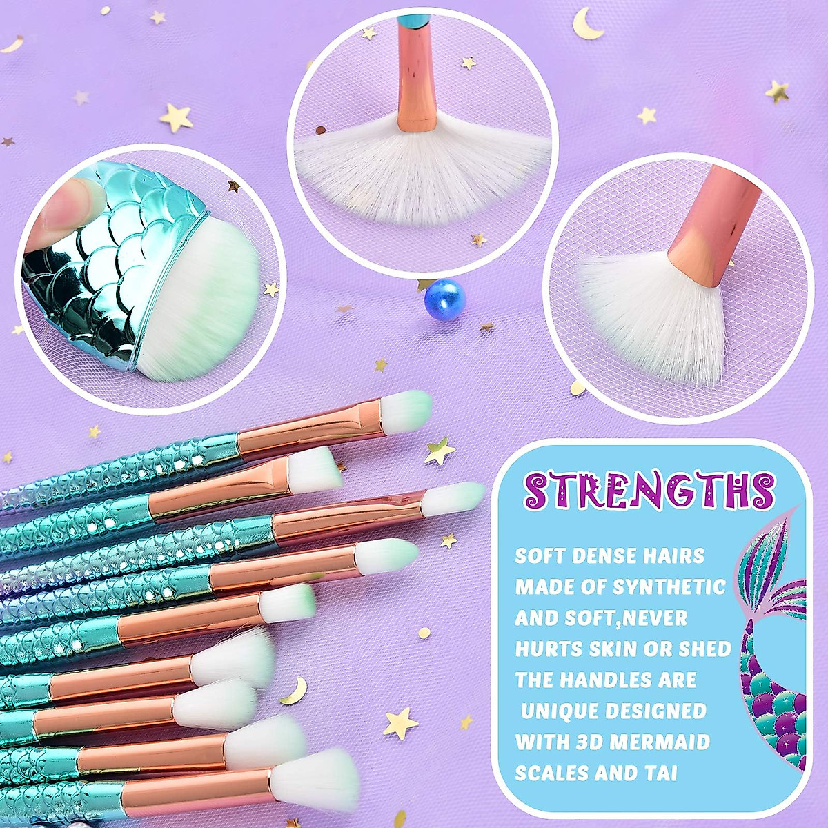 Mermaid Makeup Brush Sets with Cosmtic Bag - 13 PCS Beauty Makeup Tools Eye Shadow Eyeliner Concealer Foundation Blending Blush Brushes Compact Pocket Mirror Sequins Cosmetic Case Bag