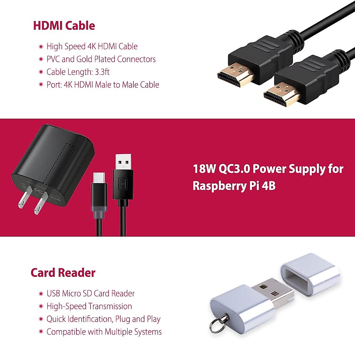 GeeekPi Starter Kit for Raspberry Pi 4 8GB - 64GB Edition, DeskPi Lite Case with Power Button/Heatsink with PWM Fan, QC3.0 Power Supply, HDMI Cable, Card Reader (8GB RAM)