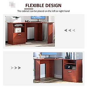 HOMCOM Computer Desk with Printer Cabinet, L-Shaped Corner Desk with Storage, Study PC Workstation for Home Office, Cherry