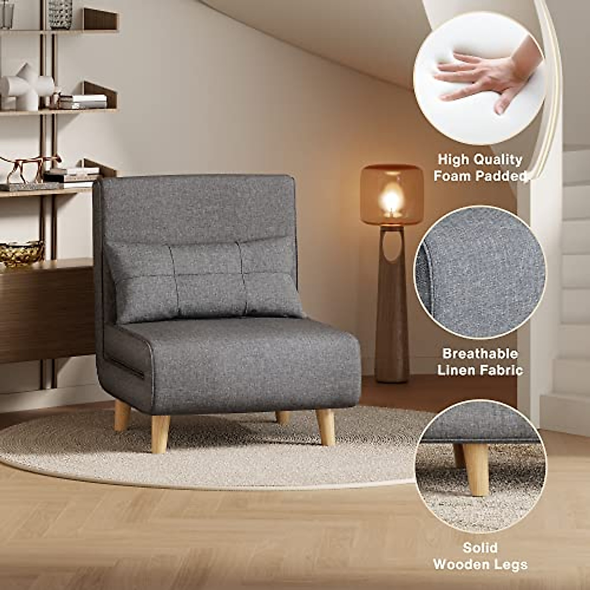 Aiho Convertible Sofa & Chair Bed, Futon Chair Sleeper with Soft Pillow, Modern Linen Fabric Solid Wood Legs, Dark Grey