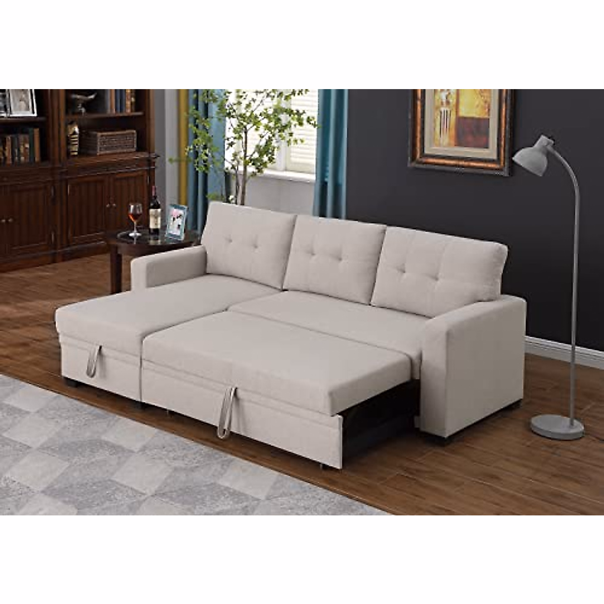 ACQCA 82" L-Shape Sleeper Sectional Sofa with Storage Chaise and Pull-Out Bed,Convertible Couch for Living Room,Apartment,Office,Beige