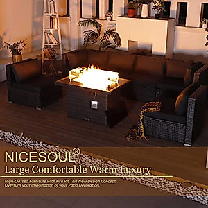 NICESOUL® 118.7''L- High Back Large Size PE Rattan Patio Furniture Sectional Sofa Sets with Cushions Outdoor Wicker Conversation Sets with Fire Pit Table CSA Approved