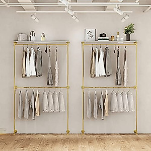 96.5”H Wall Mounted Clothe Rack, Gold Industrial Pipe Clothing Rack with Shelves Closet Rods System for Hanging Clothes Rack Multi-purpose Heavy Duty Hanging Rod