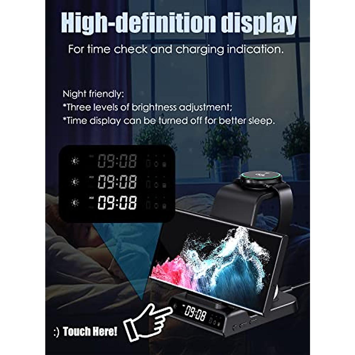 Lopnord Wireless Charger for Samsung Galaxy S23 Ultra, 3 in 1 Samsung Charging Station for Multiple Devices with Clock for S22 Ultra S21 Z Fold 4, Charging Dock for Galaxy Watch 5, Galaxy Buds 2 Pro