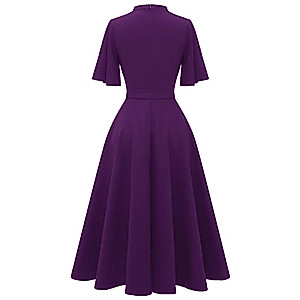 MUADRESS Women Vintage Cocktail Dresses Modest Short Sleeve Classic Tea Dresses Bridesmaid Party Homecoming Dress Grape S