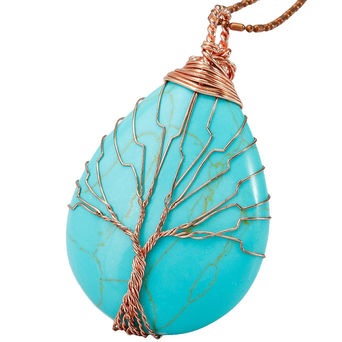SUNYIK Green Howlite Turquoise Teardrop Pendant Necklace,Handmade Copper Wire Wrapped Jewelry