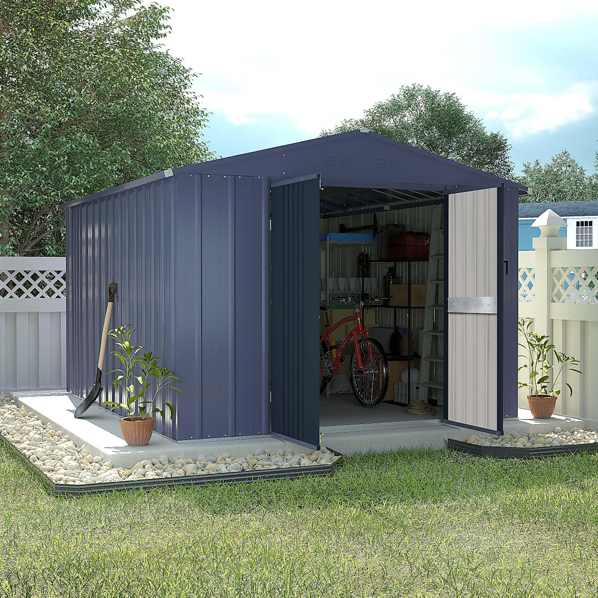 VEIKOU 8 x 10FT Storage Shed with Thickened Galvanized Steel, Outdoor Storage Shed with Lockable Door & Air Vents, Garden Tool Metal Shed for Patio Garage Yard, Grey