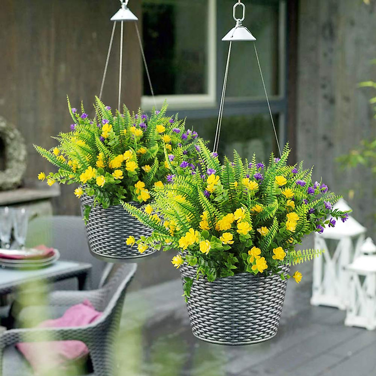 GREENRAIN 6 Bundles Artificial Flowers Outdoor Fake Plants UV Resistant Faux Plastic Flowers Garden Window Box Porch Home Decor Yellow + Purple