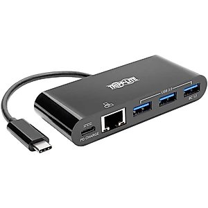 Tripp Lite USB C to Gigabit Ethernet Adapter Converter Docking Station w/ USB-A Hub, Gbe & PD Charging Thunderbolt 3, USB Type C Black (U460-003-3AGB-C)