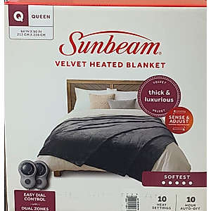 Sunbeam Queen Electric Heated Blanket Softest Luxurious Velvet with Two Controllers 10-Heat Settings Auto Sut-Off UL Listed for Safety, Charcoal Grey