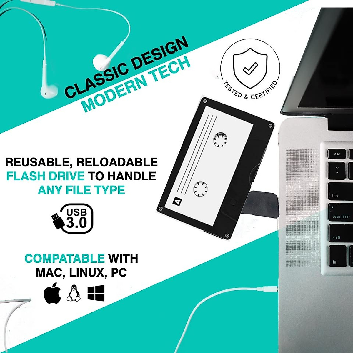 MASHTAPE Basics – Vintage Cool Design 32GB. Cassette Tape Shaped USB Flash Drive, Thumb Drive, Jump Drive for Thoughtful, Nostalgic Gift. Mixtape for DJ, Photographer