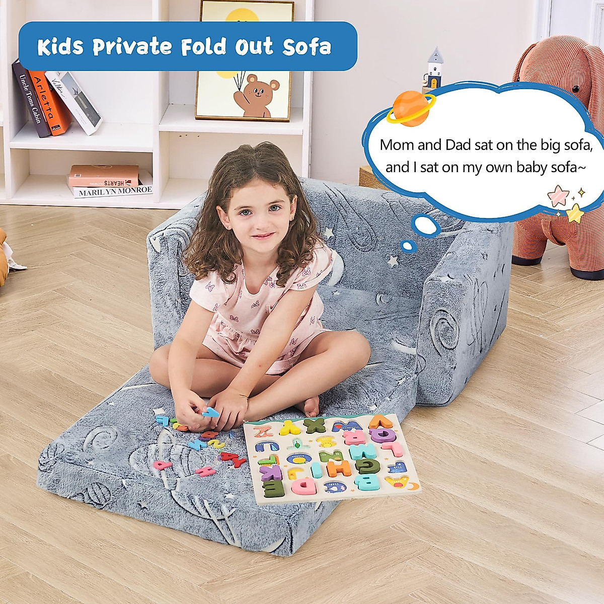 Toddler Couch,Toddler Chair,Kids Sofa Chair 2-in-1 Baby Seat Furniture Fold Out, Convertible Sofa to Lounger Soft Comfy Glow in The Dark Kids Sofa Bed Gifts for Kids Girl Boys,Star