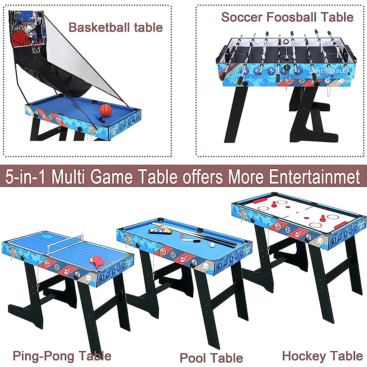 HLC 4FT Multi Function Combo Game Table with Pool Billiard Slide Hockey Foosball Basketball and Table Tennis
